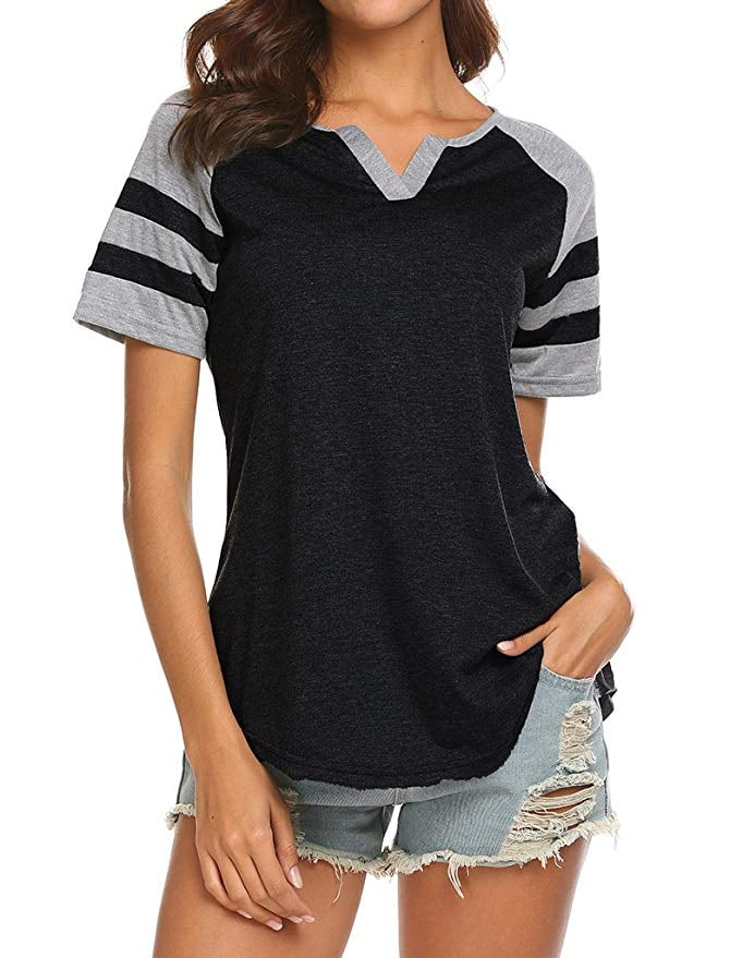 Womens V Neck Raglan Short Sleeve Shirts Casual Blouses Baseball