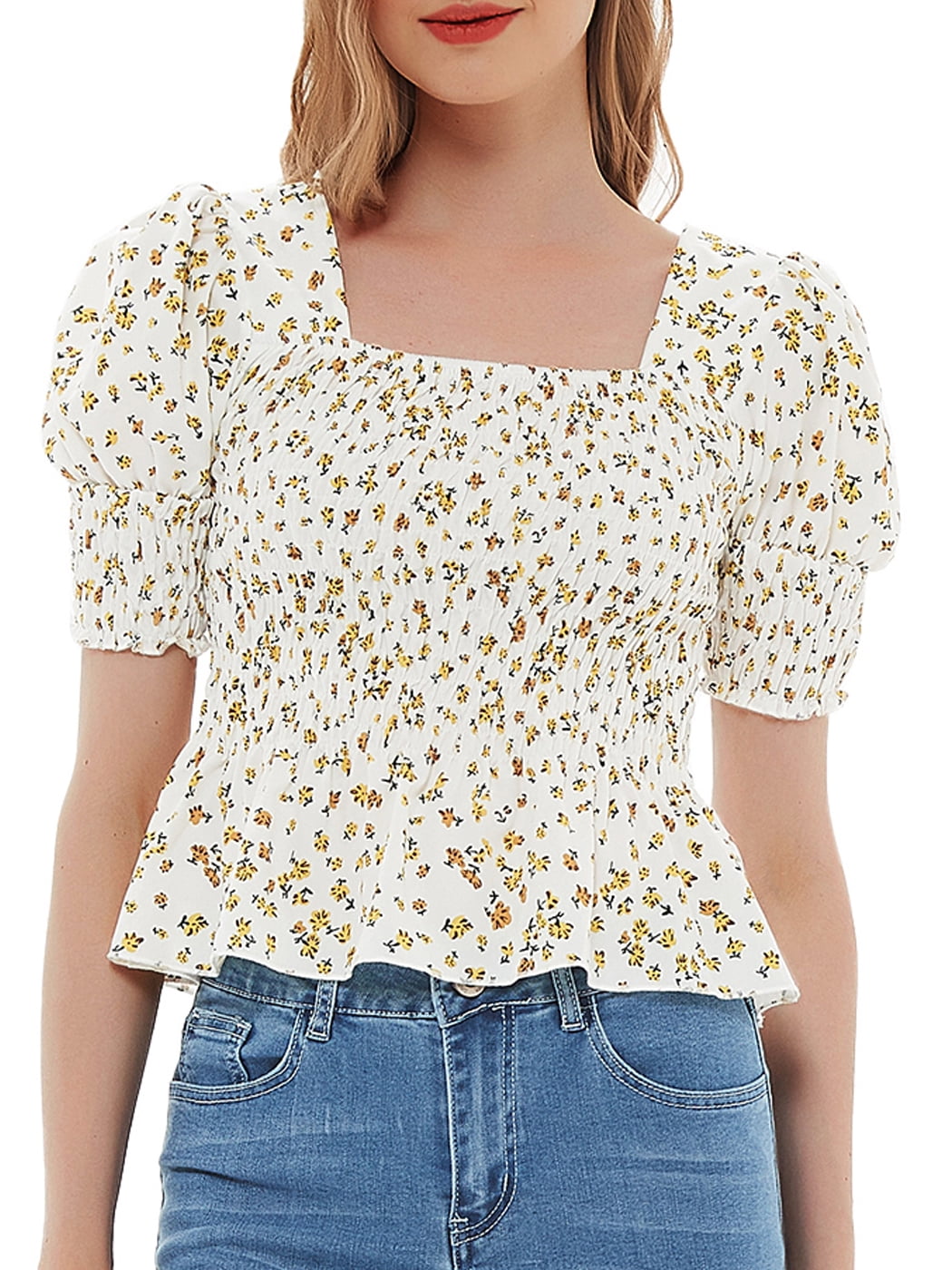 Women Ruffle Sleeve Smocked Square Neck Puffy Print White Top, White ...