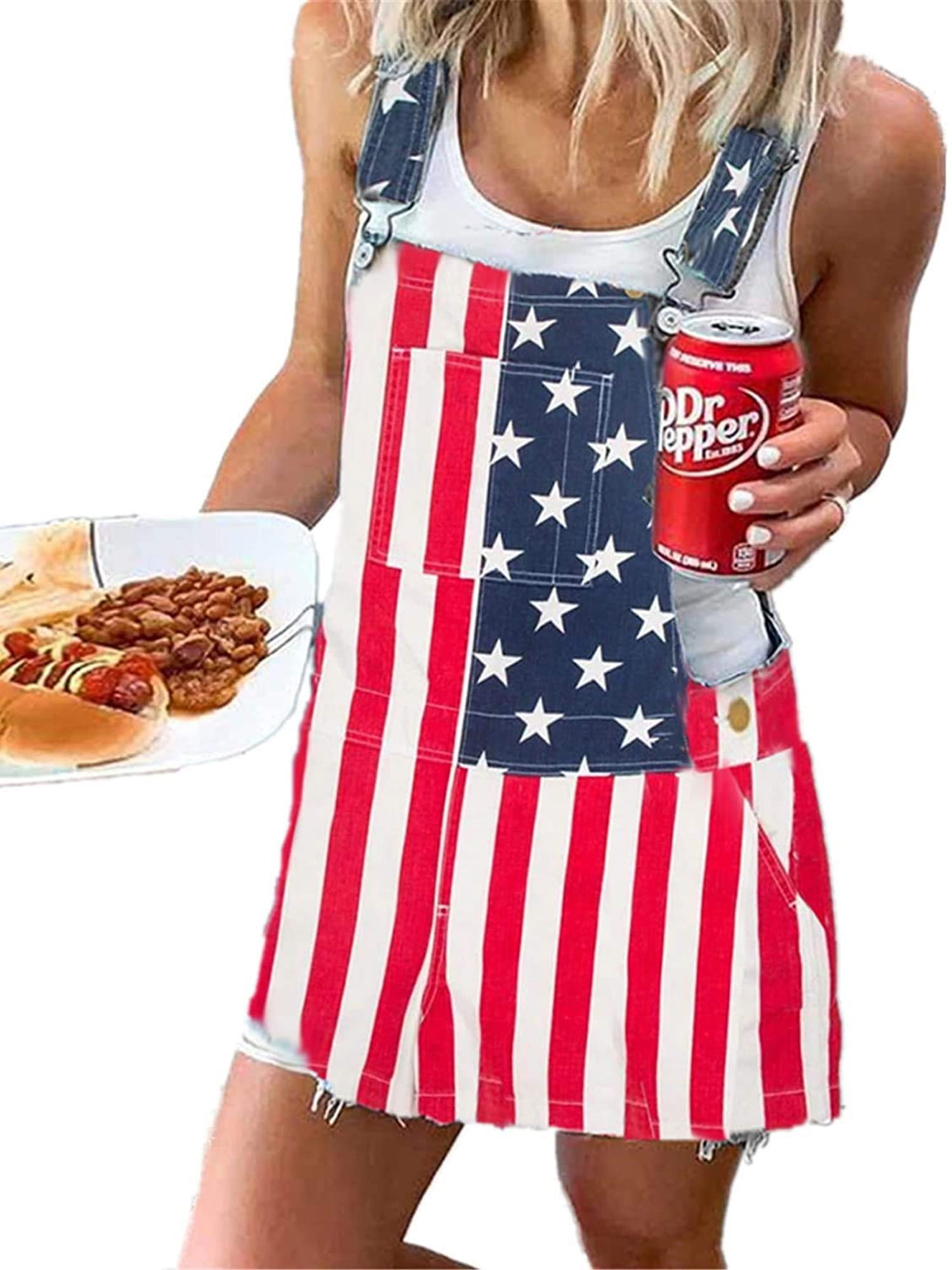 Aunavey Women Denim Overall Dress Adjustable Straps American Flag ...