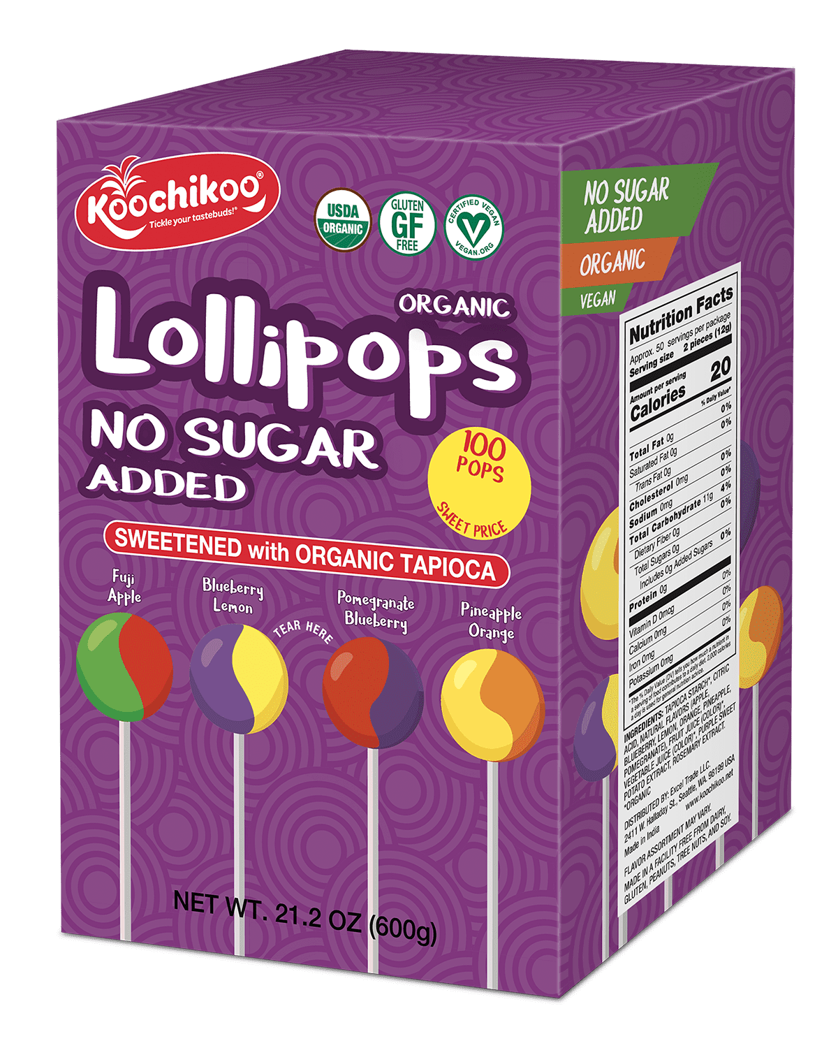 Koochikoo Gluten & Sugar Free Organic Lollipops, 100 CT Display Box ...