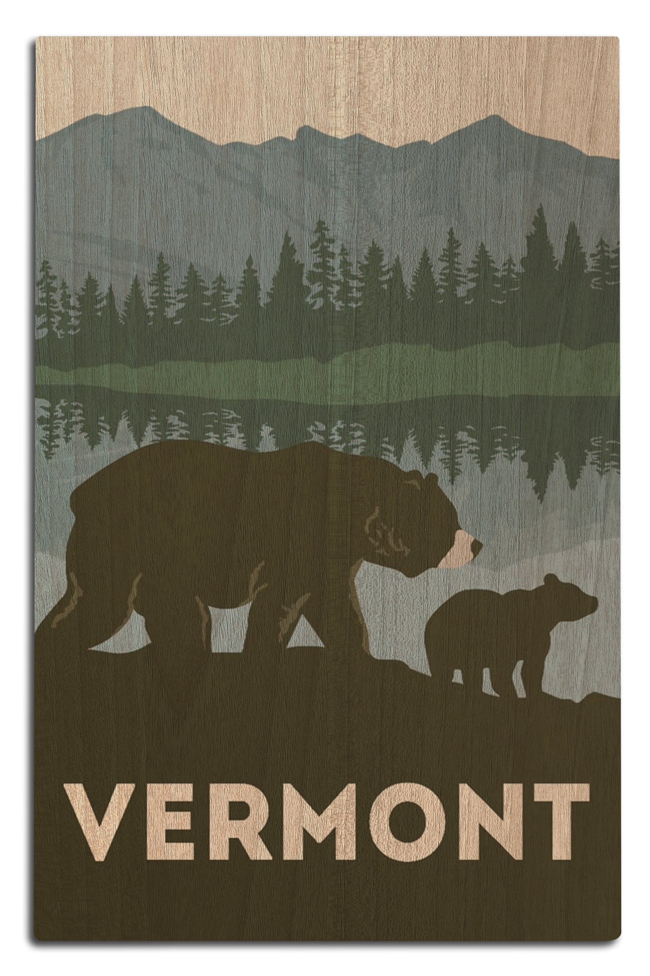 Vermont, Grizzly Bear, Vector Birch Wood Wall Sign (12x18 Rustic Home ...