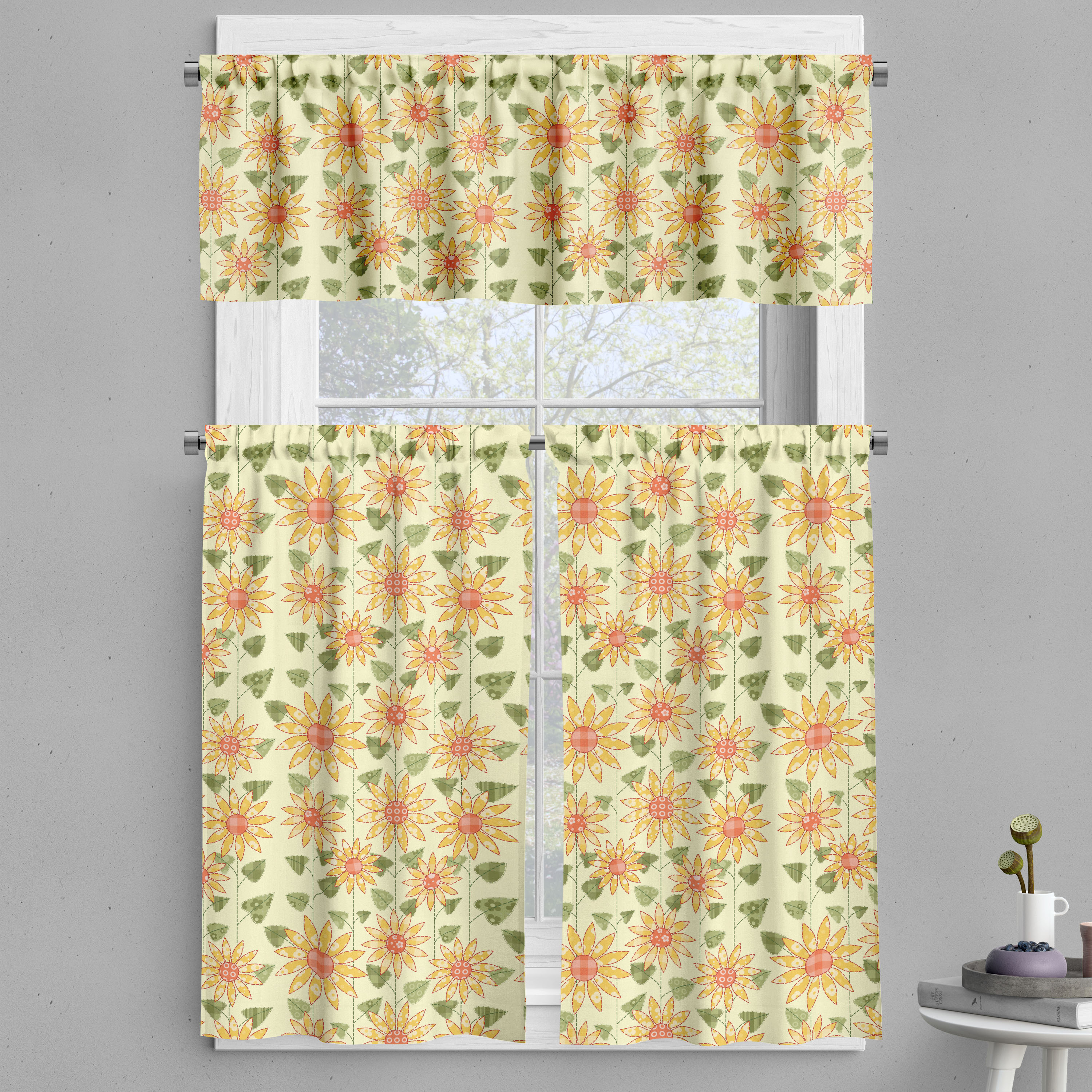 Sunflower Valance & Tier Curtain 3 pcs Set, Floral Nature Pattern in ...
