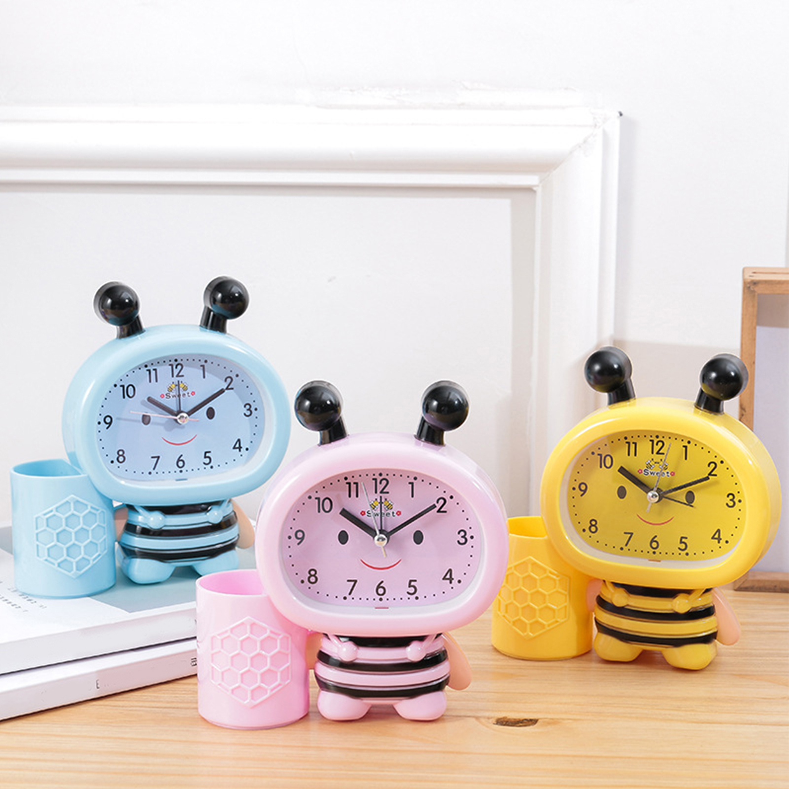 Dengjunhu Table Clock Bee Shape Pen Holder Design Plastic Digital Desk ...
