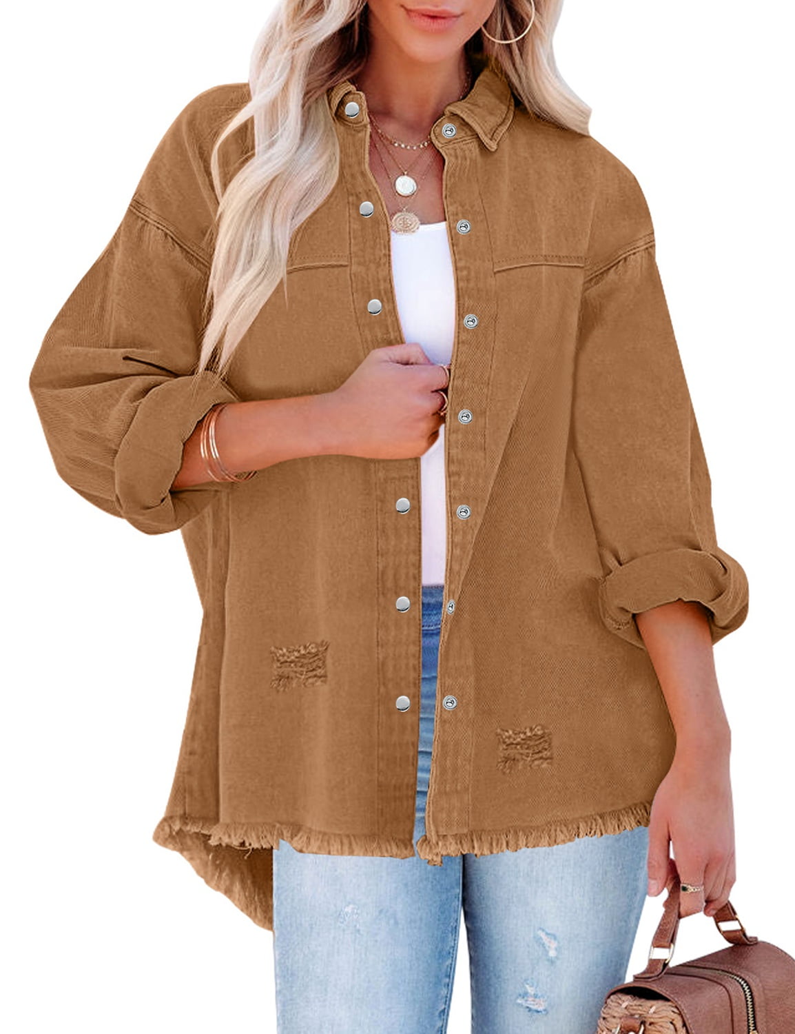 luvamia Denim Jacket for Women Long Sleeve Button Down Jean Jacket ...