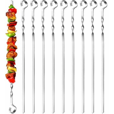 Cribun 10 Pack Kabob Skewers Metal Barbecue Skewer, 15 Inches Stainless Steel Flat Wide Reusable ...