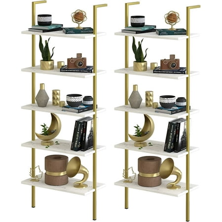 Ladder Shelf White Marble Bookshelf 5-Tier Wall-Mounted Wood Rack Open ...