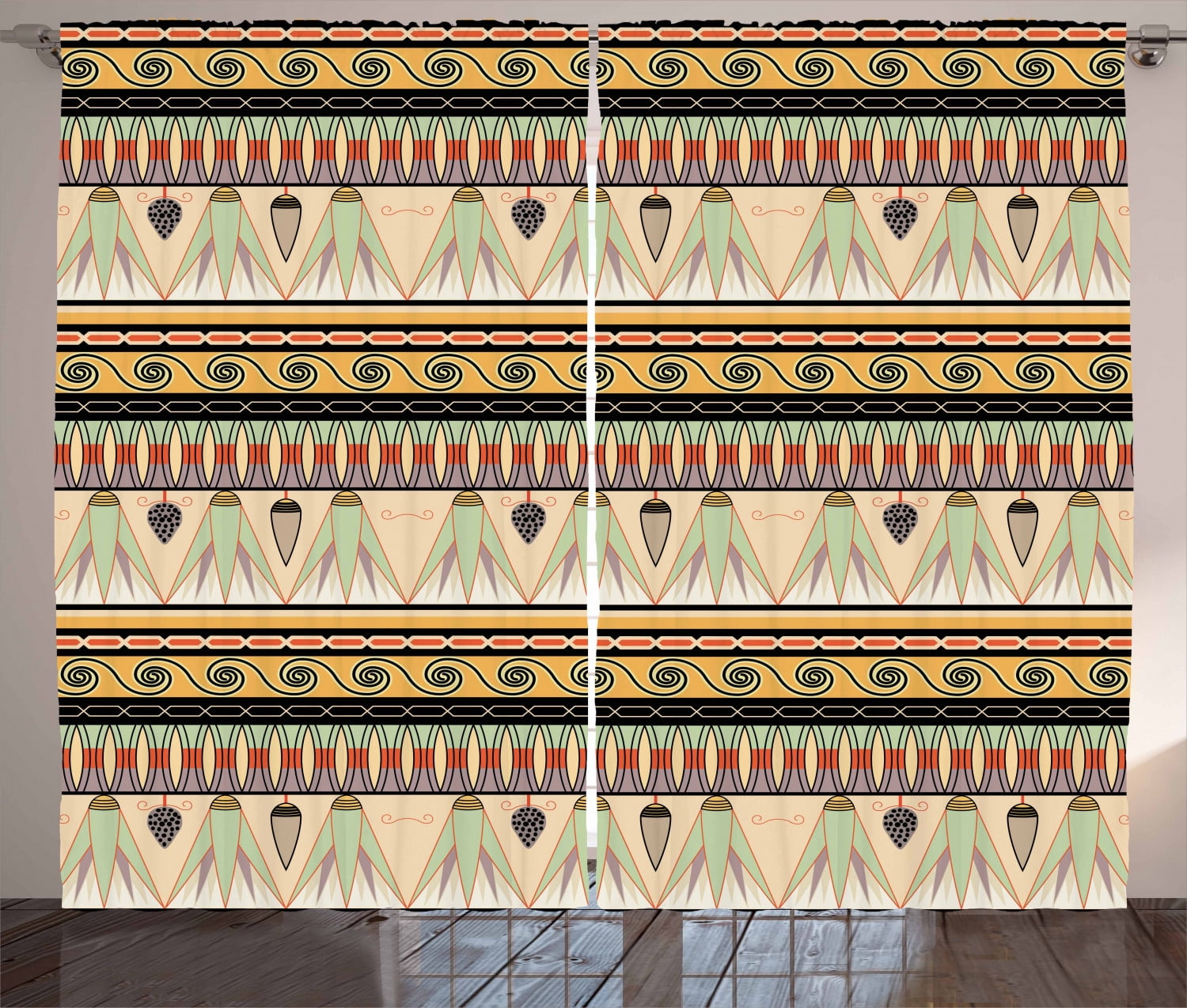 Egyptian Curtains 2 Panels Set, Colorful Abstract Borders Traditional ...