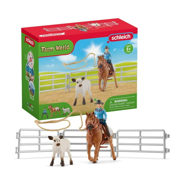 Juego de cuerdas de rodeo Schleich Farm World con vaquera y vaca ...