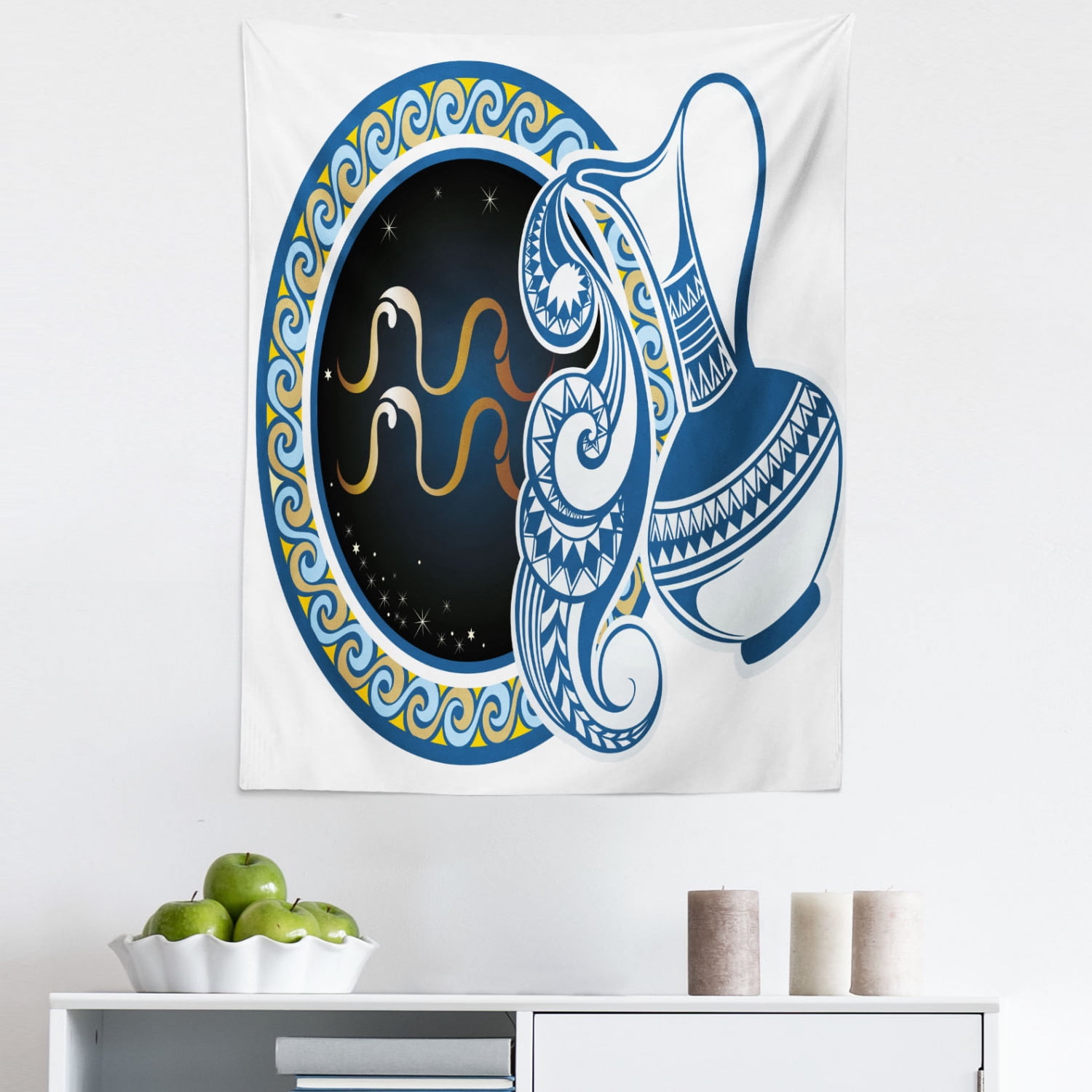 Zodiac Tapestry, Image of Aquarius Sign with Jug and Circular Globe ...