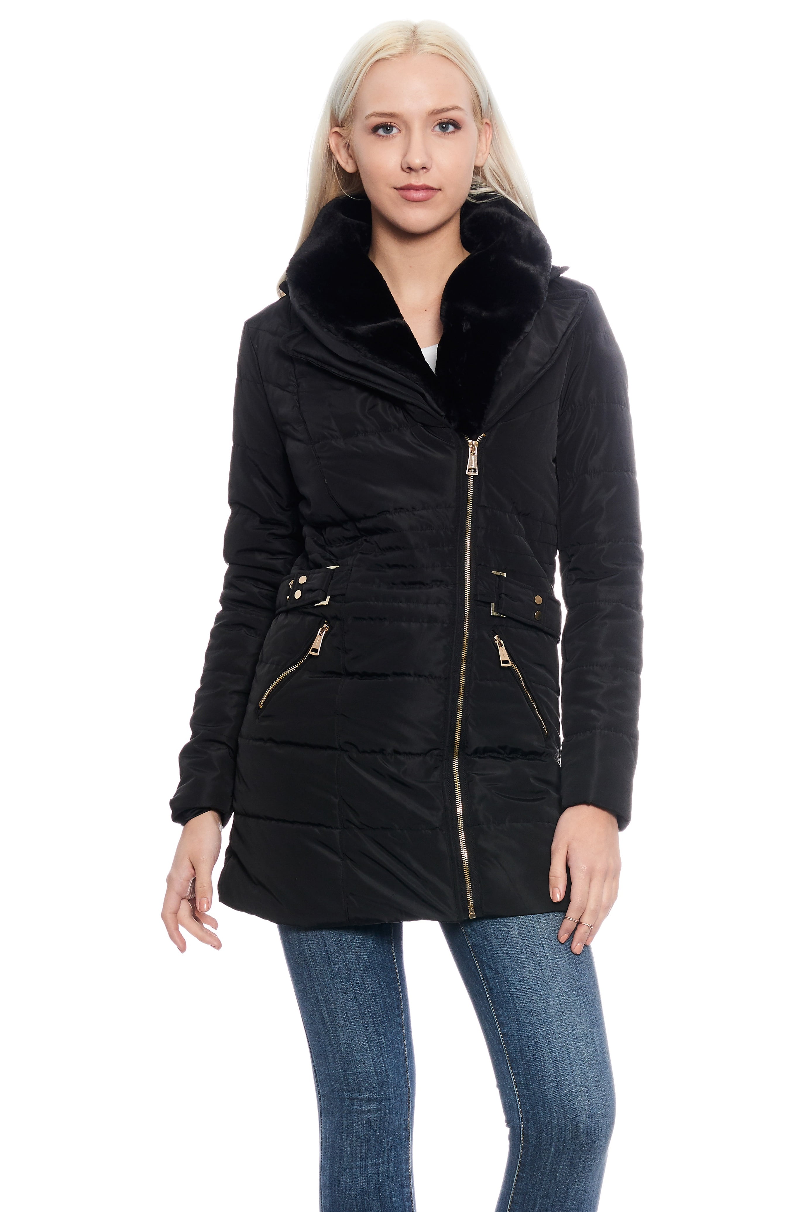 Womens Faux Fur Quilted Puffer Jacket With Asymmetrical Zipper And