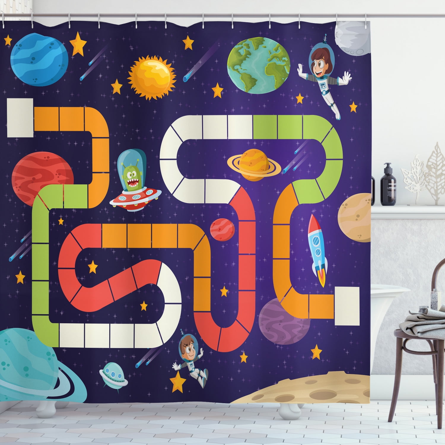 Alien Shower Curtain, Cartoon Astronaut Children Playing Around Flying ...