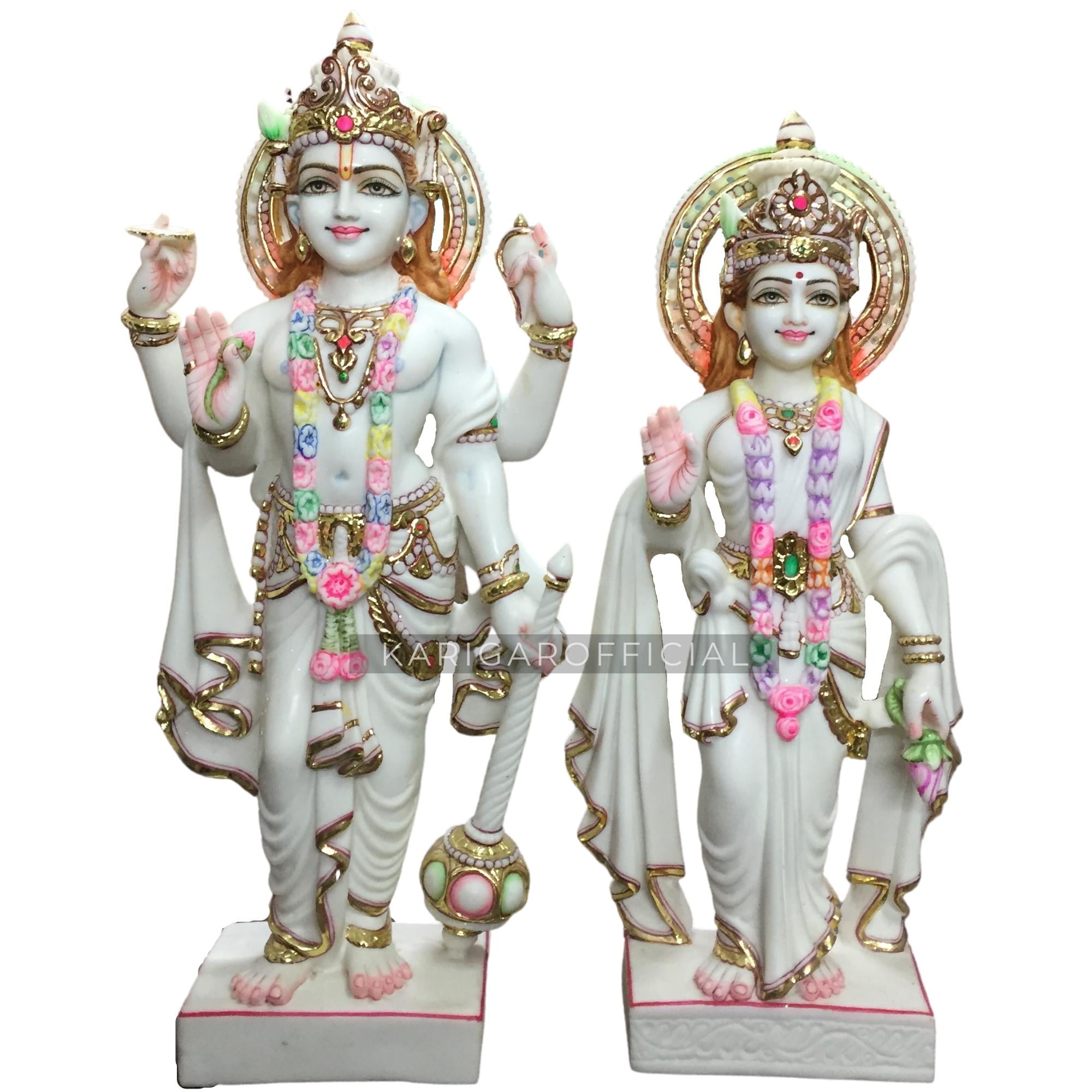 KARIGAROFFICIAL Vishnu Laxmi Statue Marble Murti White Gold Leaf Vishnu ...