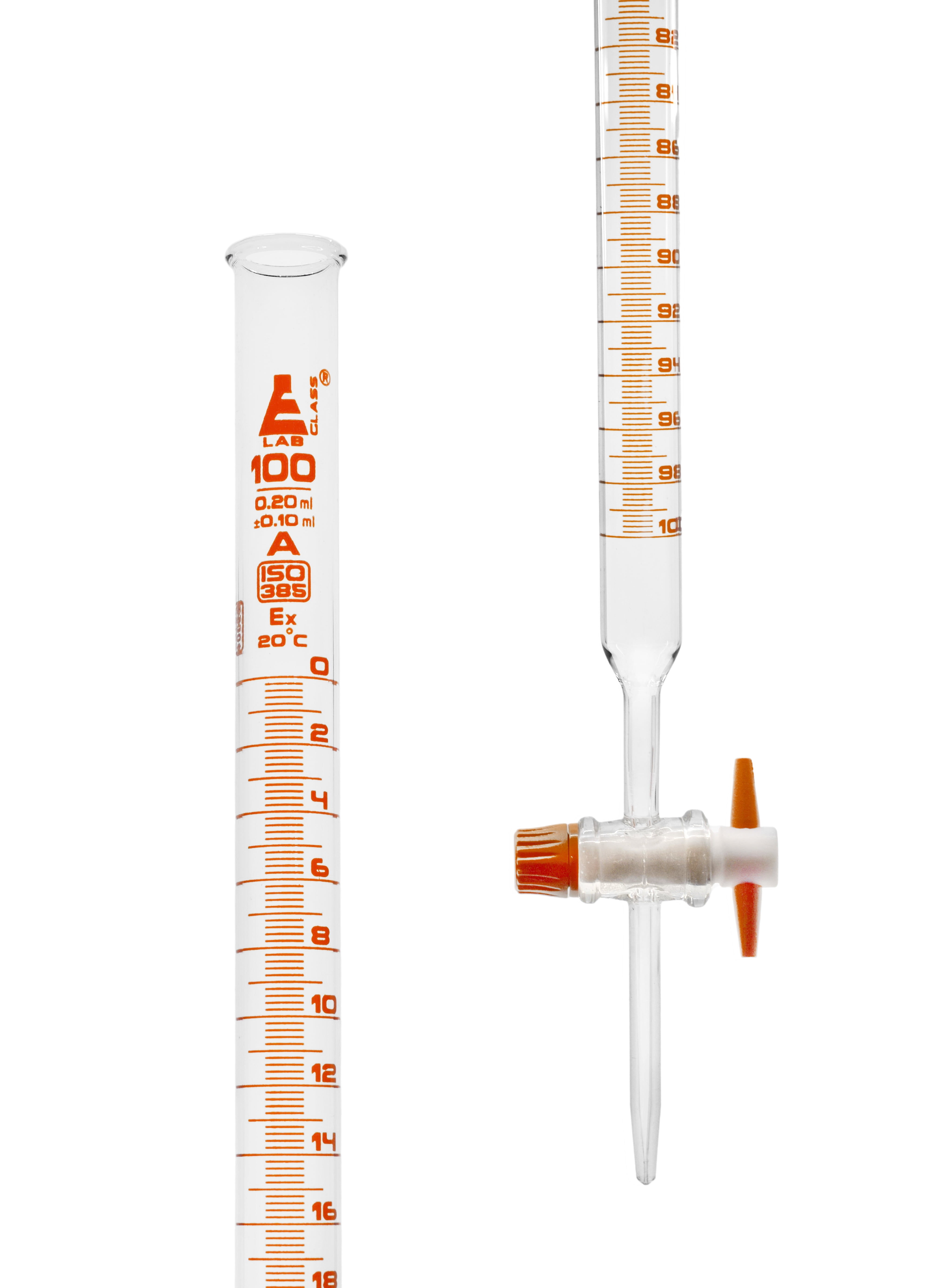 Lab Burette, 100mL - Class A - 0.2mL Amber Graduations - PTFE Stopcock ...