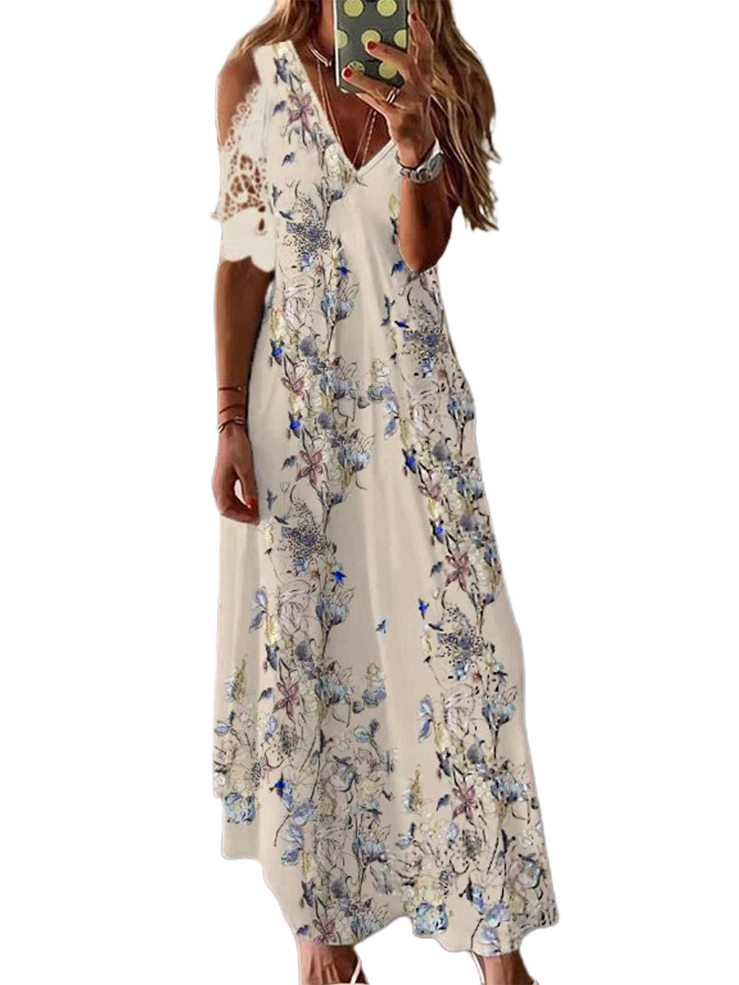 LilyLLL Womens Short Sleeve Floral Kaftan Sundress Cold Shoulder Maxi ...