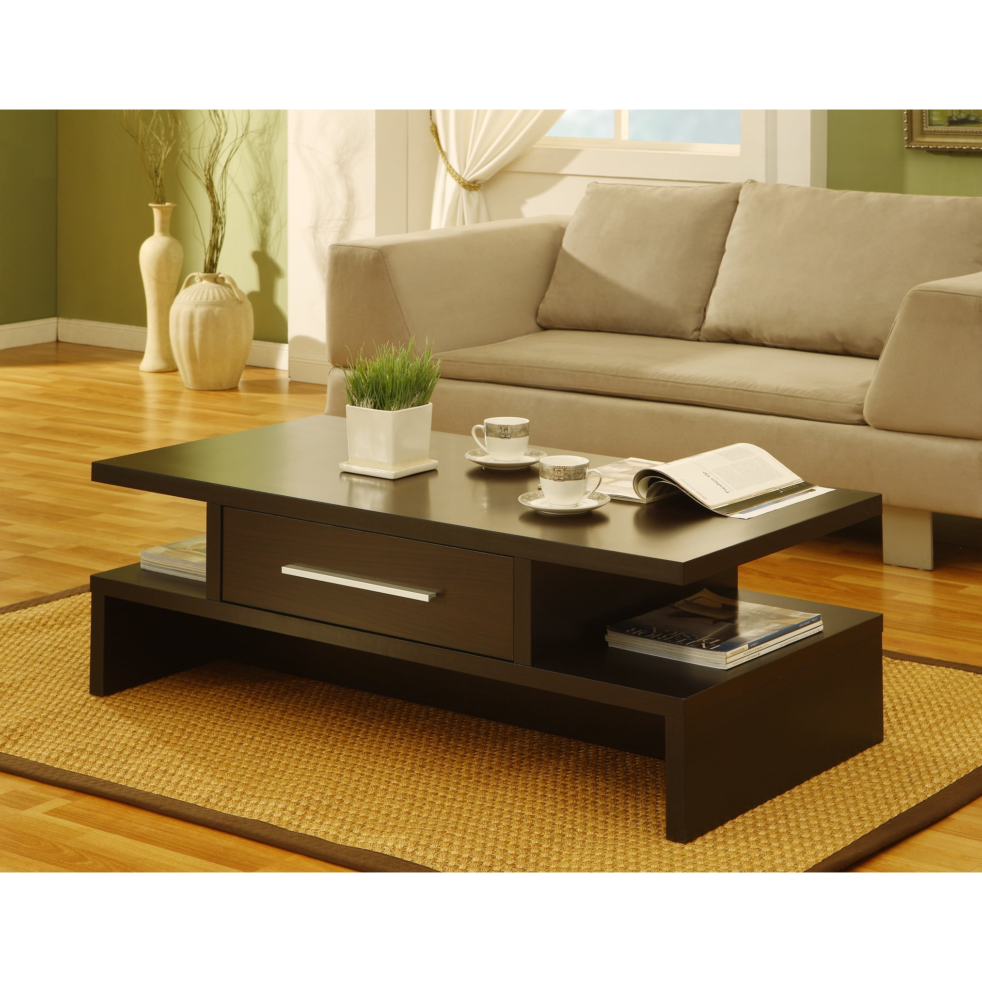 Mid Century Modern Coffee Table with Drawer & 2 Open Storage ...