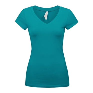 Sexy Women's Low-Cut Basic Deep V Neck Short Sleeve Solid Fitted Tee ...