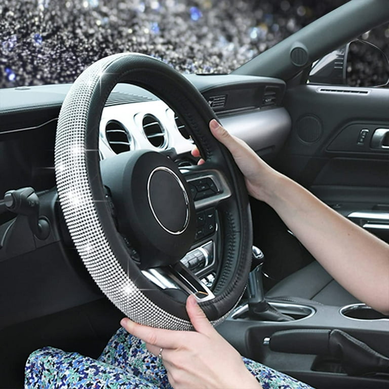 CAR PASS Bling Diamond Leather Steering Wheel Cover Sparkly Crystal Glitter Rhinestones Universal Fit 14 1 2 15 Steering Wheel Protector Women Girl