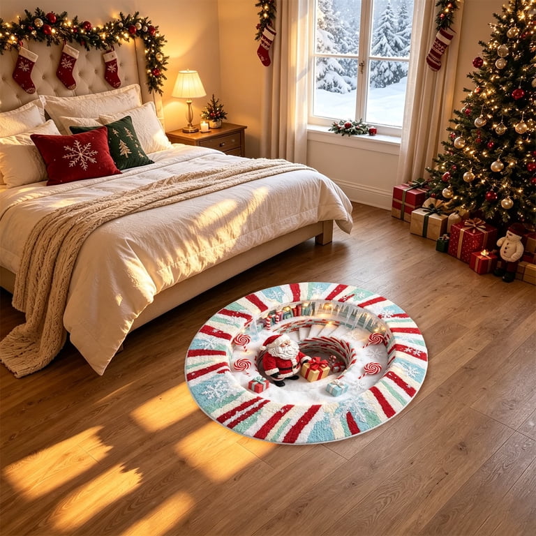 Christmas 3D Rug, Xmas Optical Illusion Rugs, Cute Round Floor Carpet ...