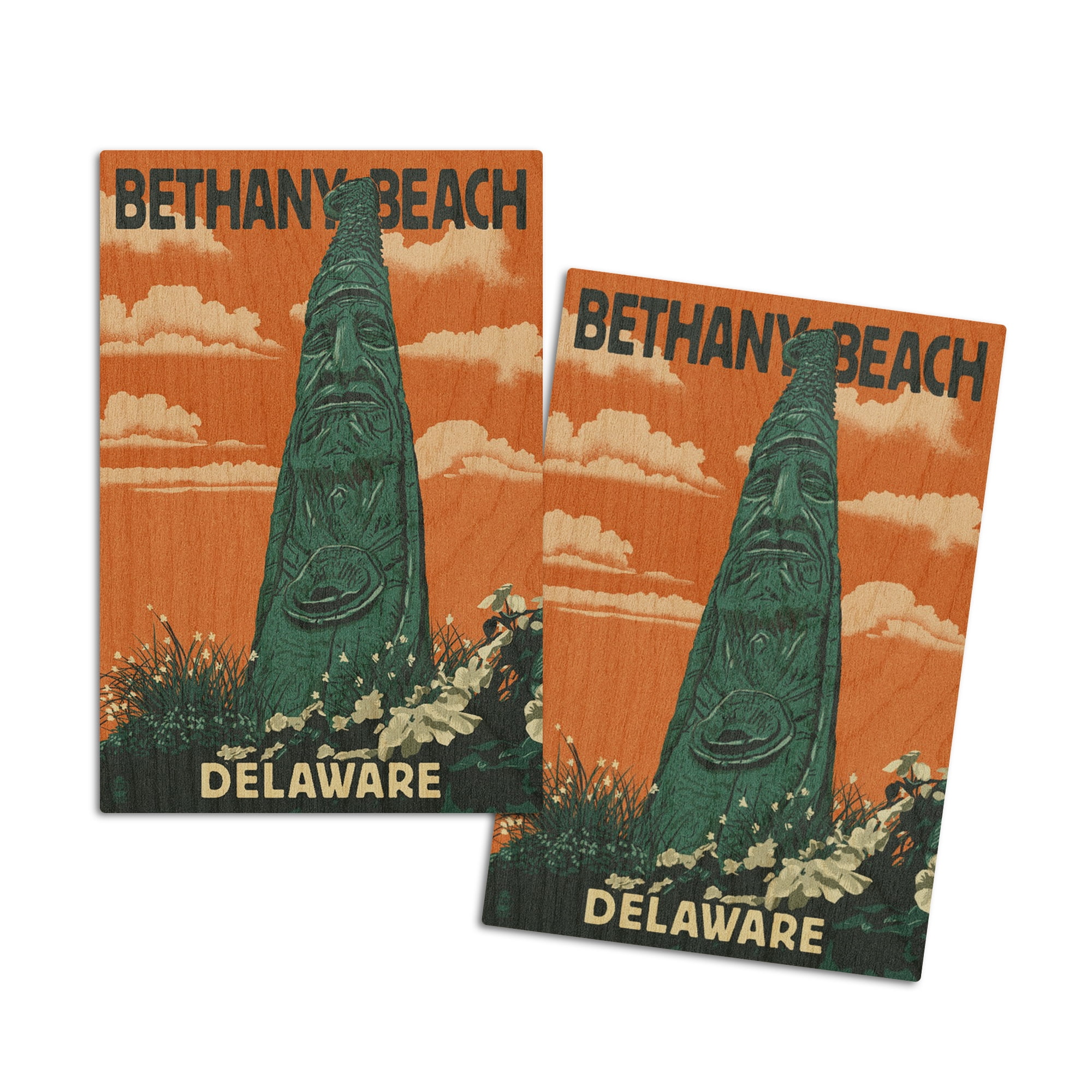 Bethany Beach, Delaware, Totem Pole, Letterpress (4x6 Birch Wood ...