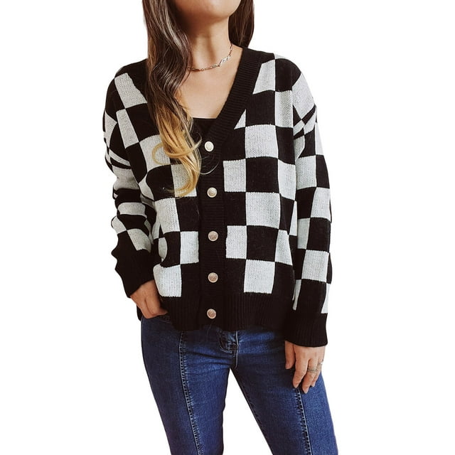 Seyurigaoka Womens Knitting Sweaters Checkered Pattern Cardigan Coat ...