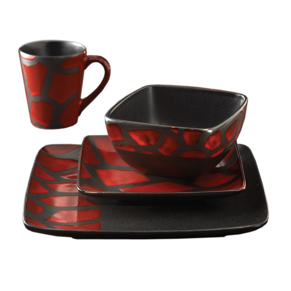 American Atelier Safari Giraffe Red Stoneware 16-Piece Dinnerware Set ...