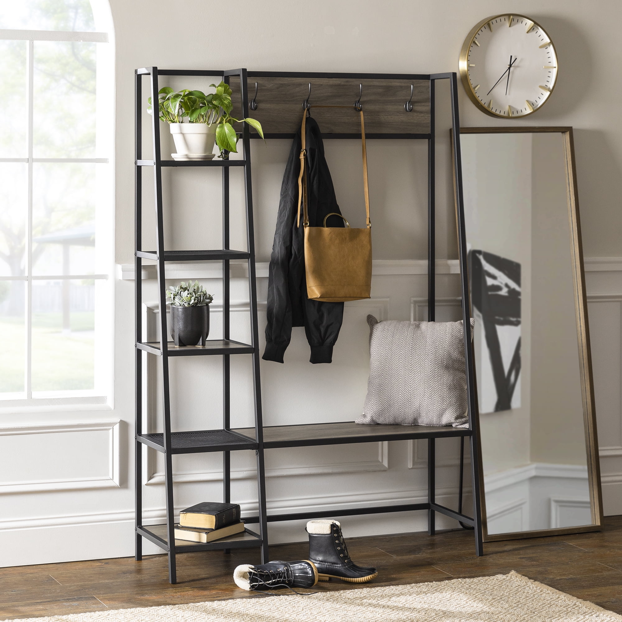 Woven Paths Modern Hall Tree with Bench and 5 Shelves, Slate Grey ...