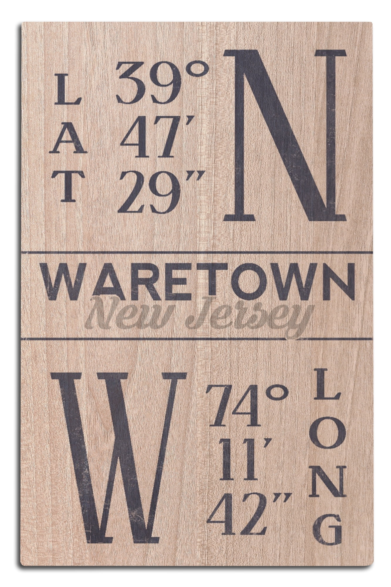 Waretown, New Jersey, Latitude and Longitude Birch Wood Wall Sign ...