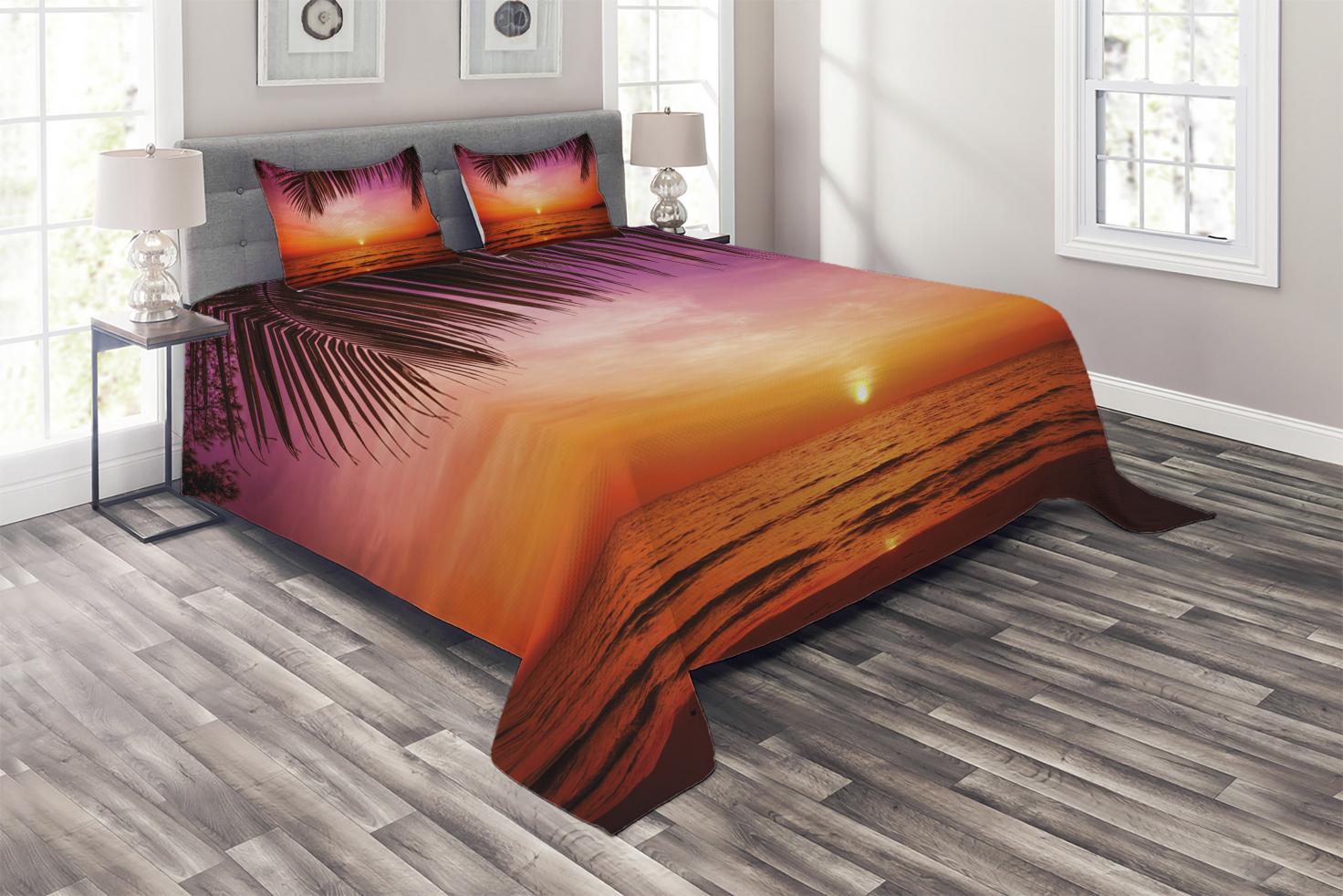 Tropical Coverlet Set King Size, Exotic Sunset above the Sea Scenery ...