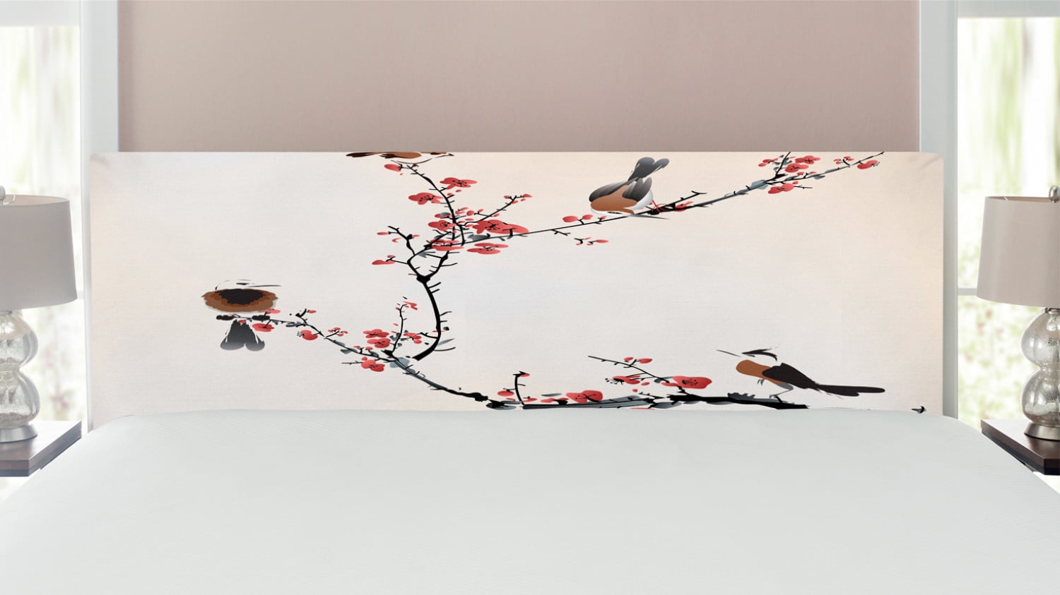 Nature Headboard, Birds on Cherry Tree Branches Summer Classic Oriental ...