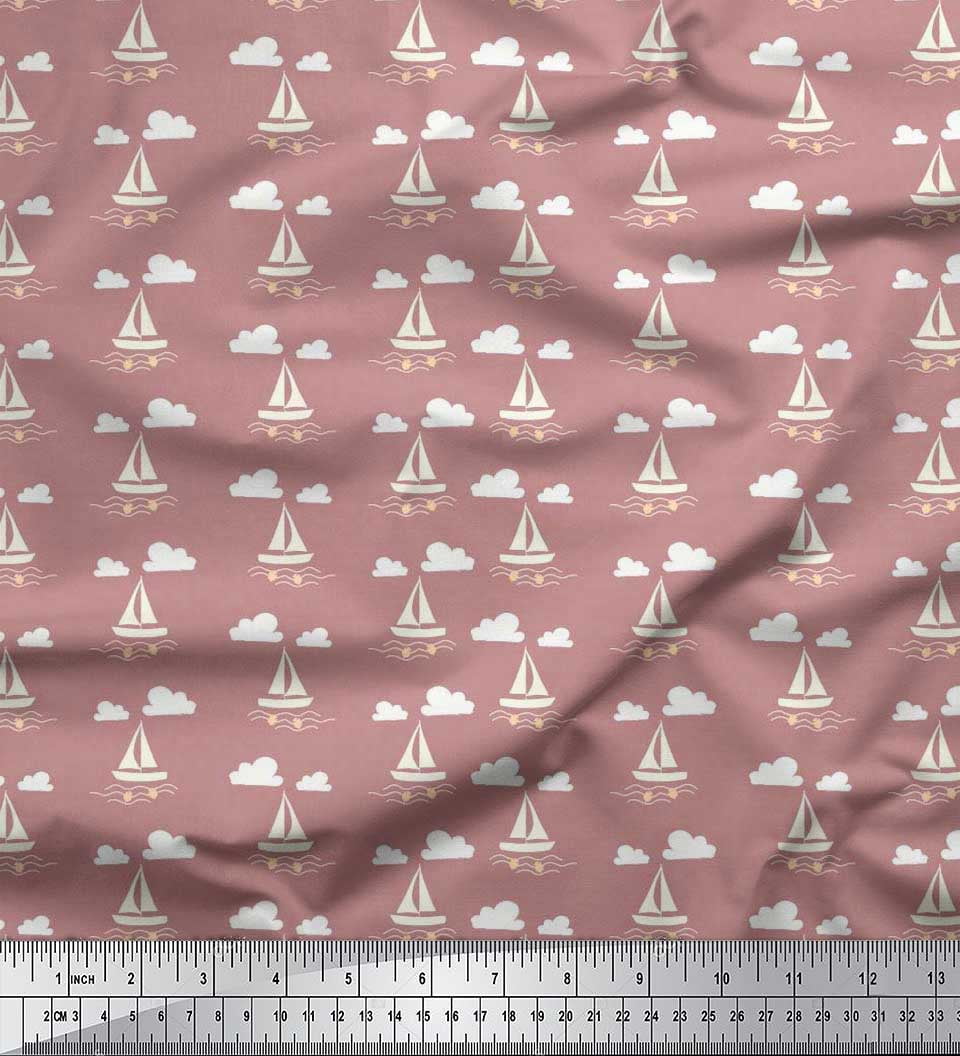 Soimoi Japan Crepe Satin Fabric Cloud,Fish & Yacht Nautical Print ...