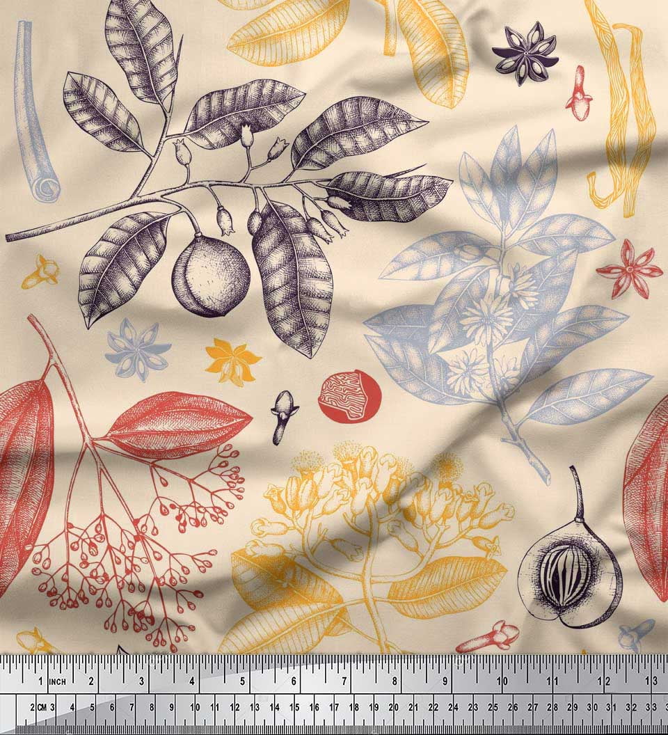 Soimoi Japan Crepe Satin Fabric Fruits,Spices & Leaves Print Fabric by ...
