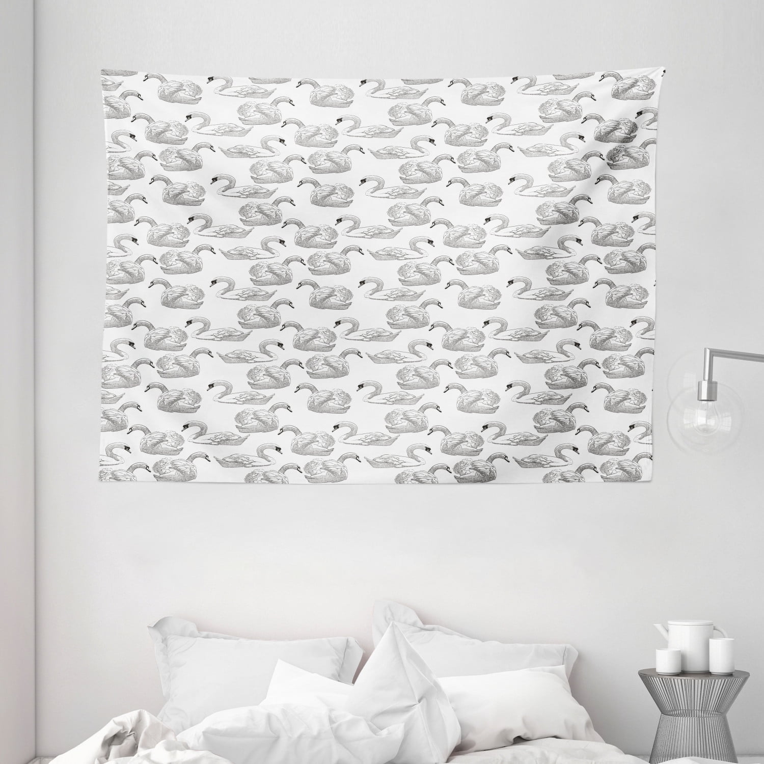 Swan Tapestry, Sketch Art Pattern of Swimming Waterfowls Symbols of ...