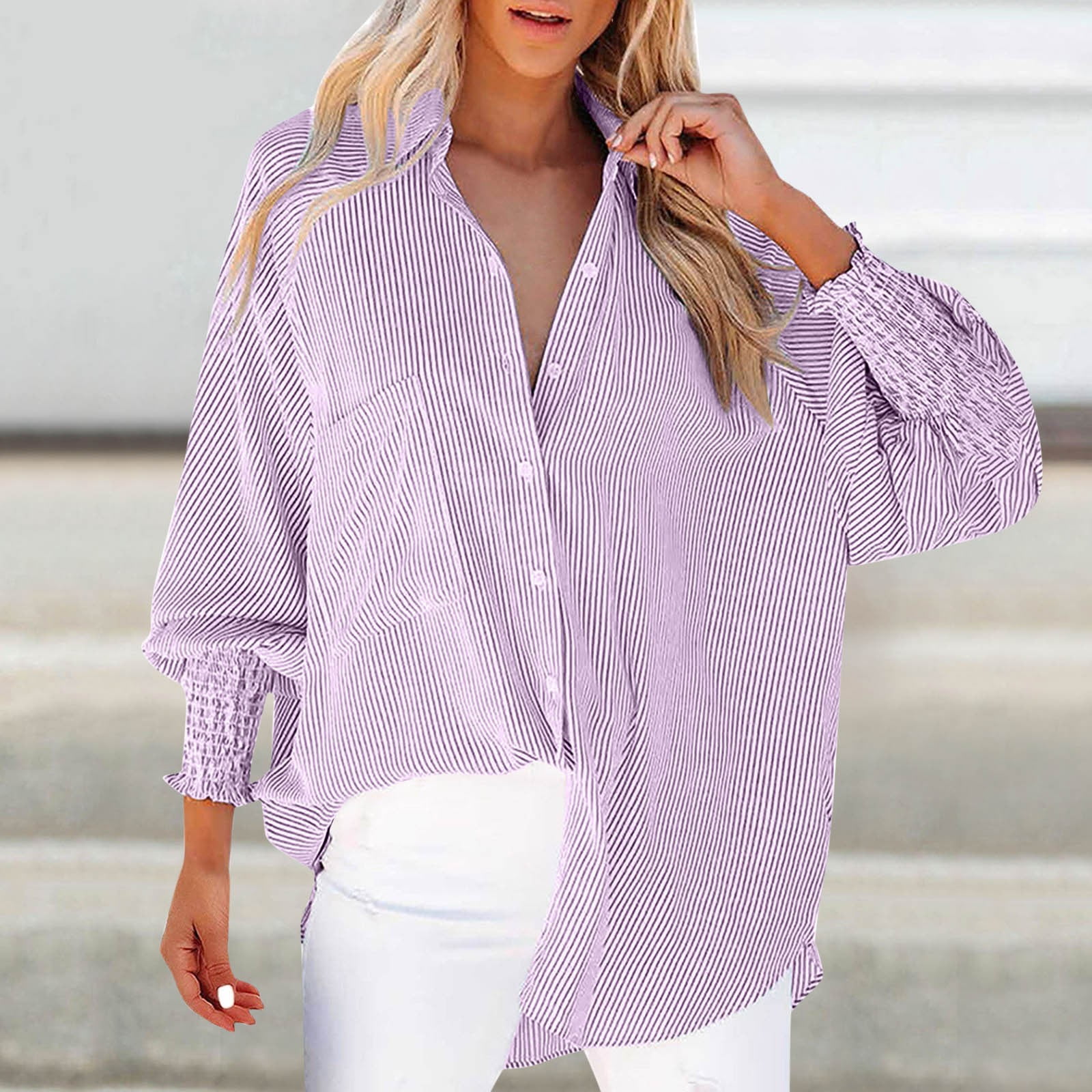 Click here for Shixiaoo Womens Smocked Striped Boyfriend Shirt Wi... prices