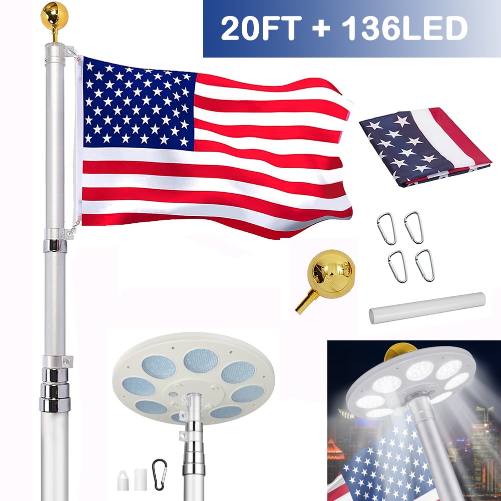 20FT Telescopic Flag Pole Kit with 136LED Solar Light, 3x5 American ...