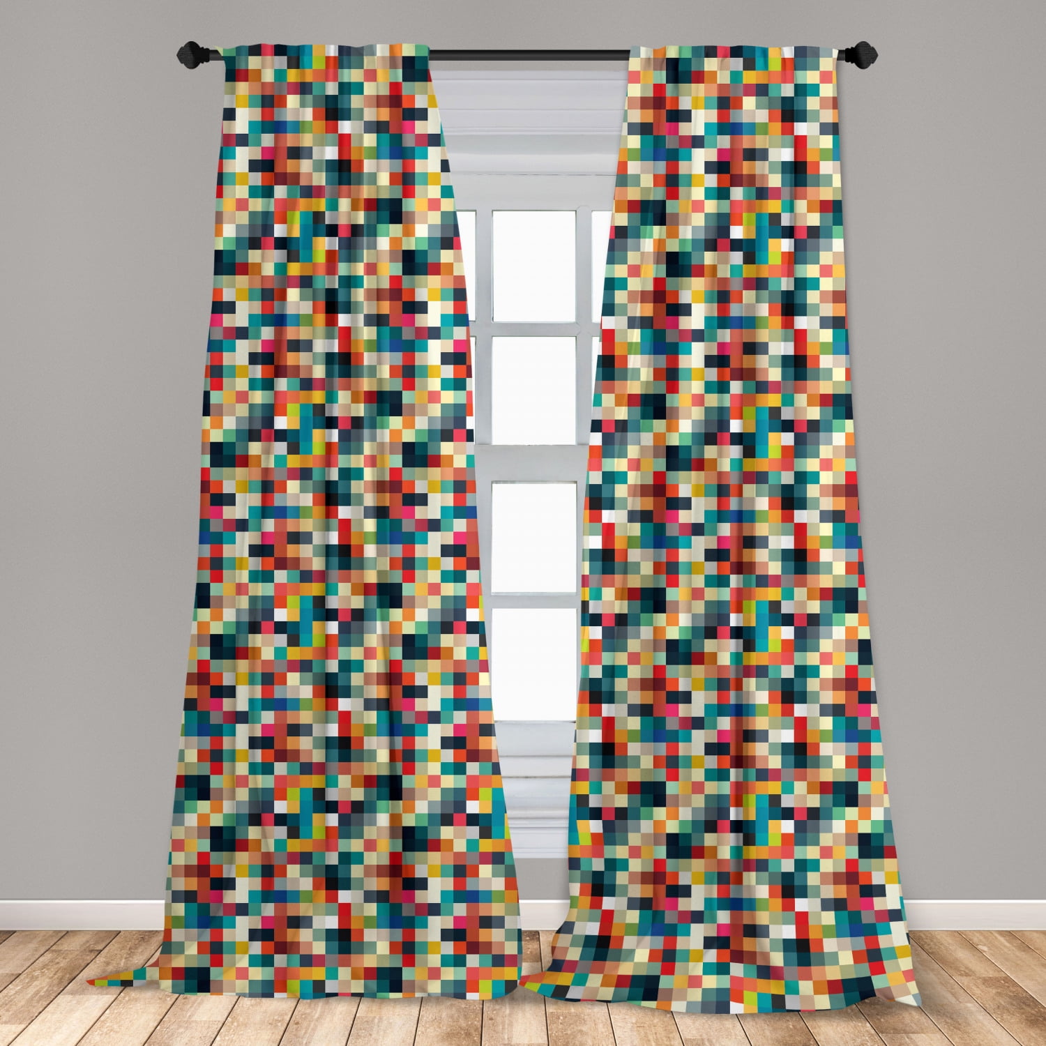 Geometric Curtains 2 Panels Set Pixel Art Inspired Checkered Squares