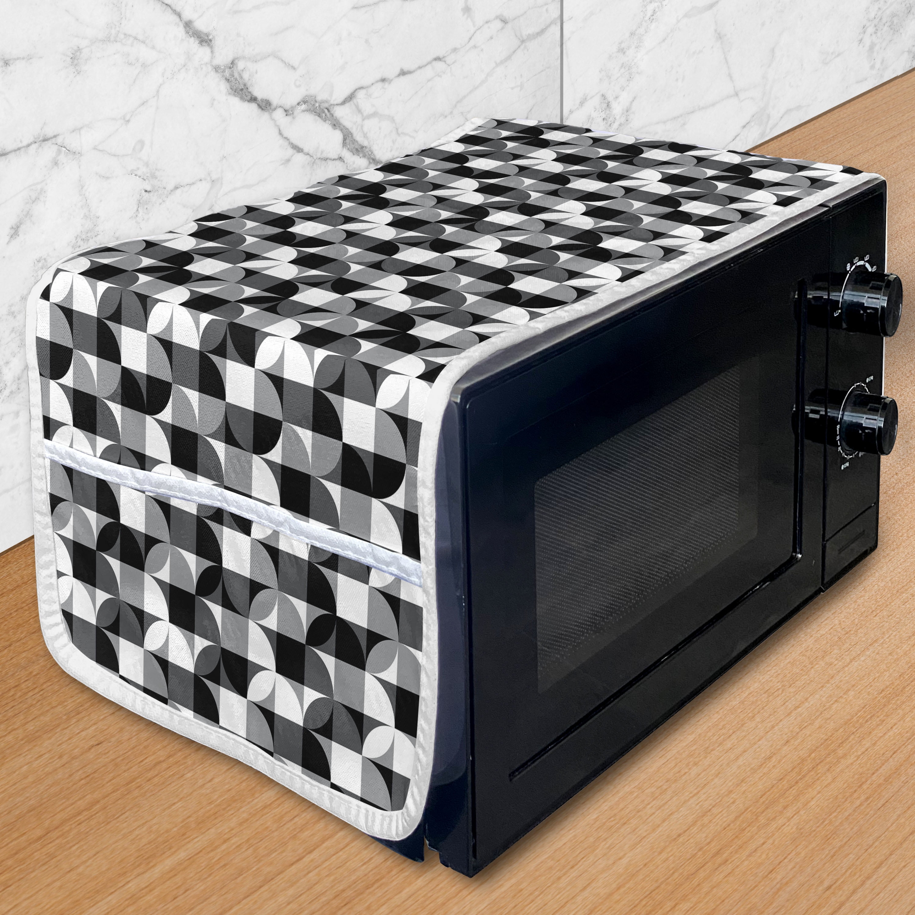 Black and Grey Microwave Oven Cover, Checkered Squares Pattern Circular ...