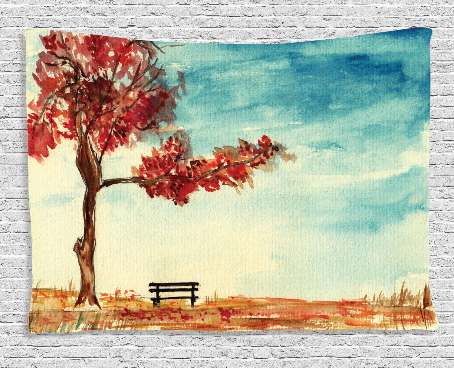 Farm House Decor Tapestry, Watercolored Tree and Bench Earth Ecological ...