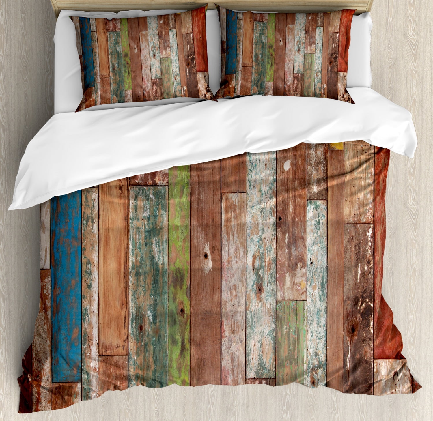 Rustic Duvet Cover Set Queen Size, Grunge Style Planks Print Weathered ...