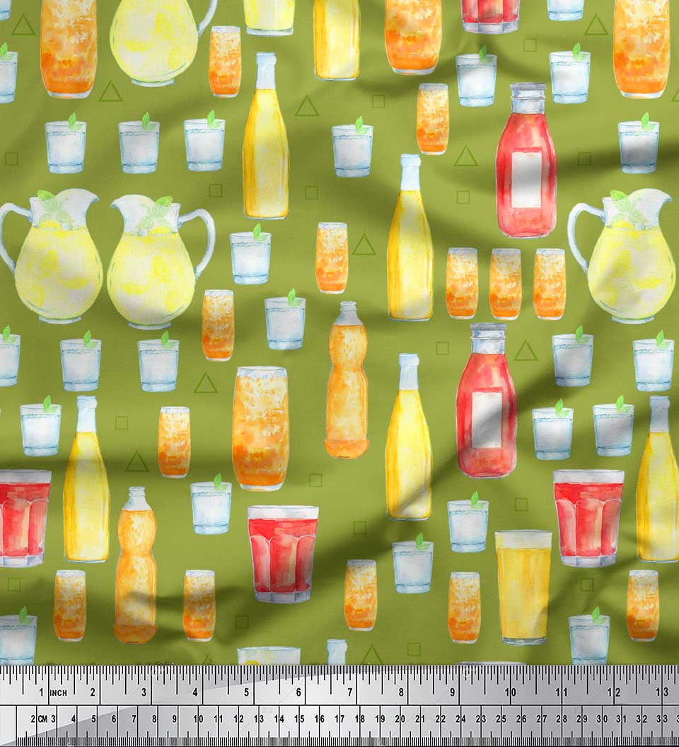 Soimoi Green Rayon Fabric Bottle & Glass Kitchen Print Fabric by the ...