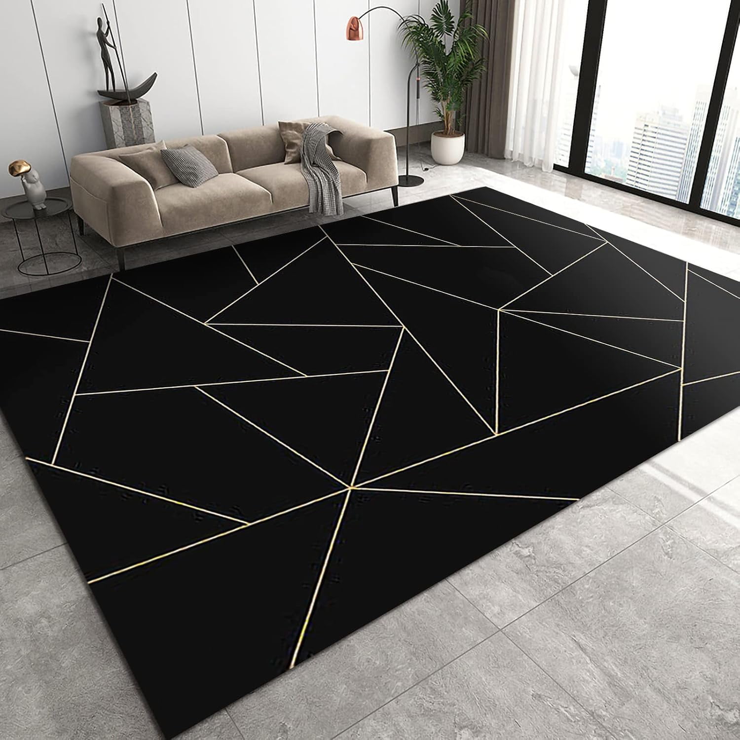 Click here for Rughome Black Backdrop Area Rug  Golden Simple Geo... prices