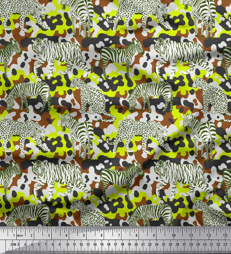 Soimoi Brown Satin Silk Fabric Tiger,Leopard & Wild Animal Print Fabric ...