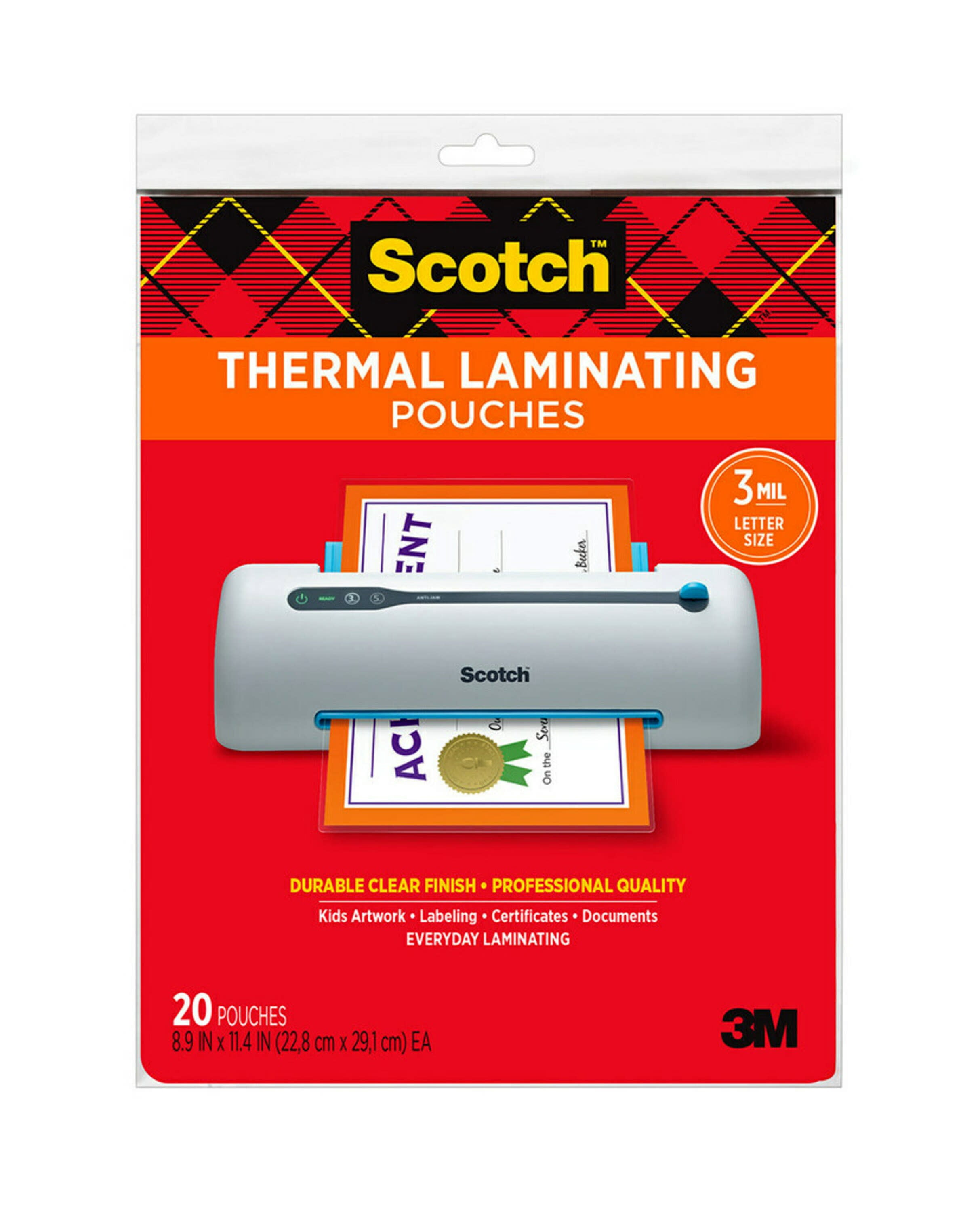 Scotch Thermal Laminating Pouches 8 5 x 11 3 Mil Thick 20 Count
