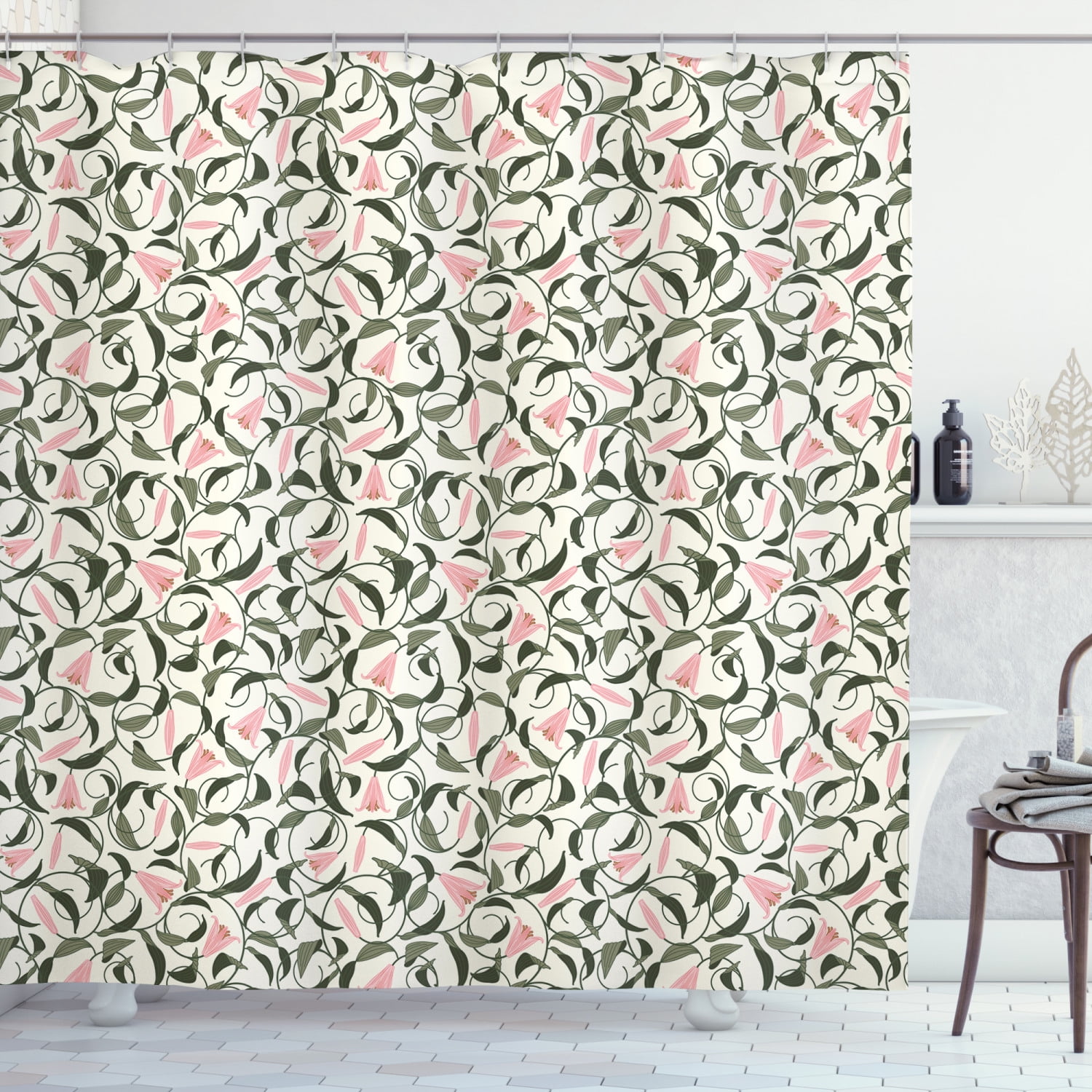 Lily Shower Curtain, Swirly Tangled Stems with Flourishing Fresh Lilies ...