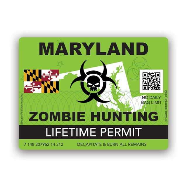 Zombie Maryland State Hunting Permit Sticker Decal - Self Adhesive ...