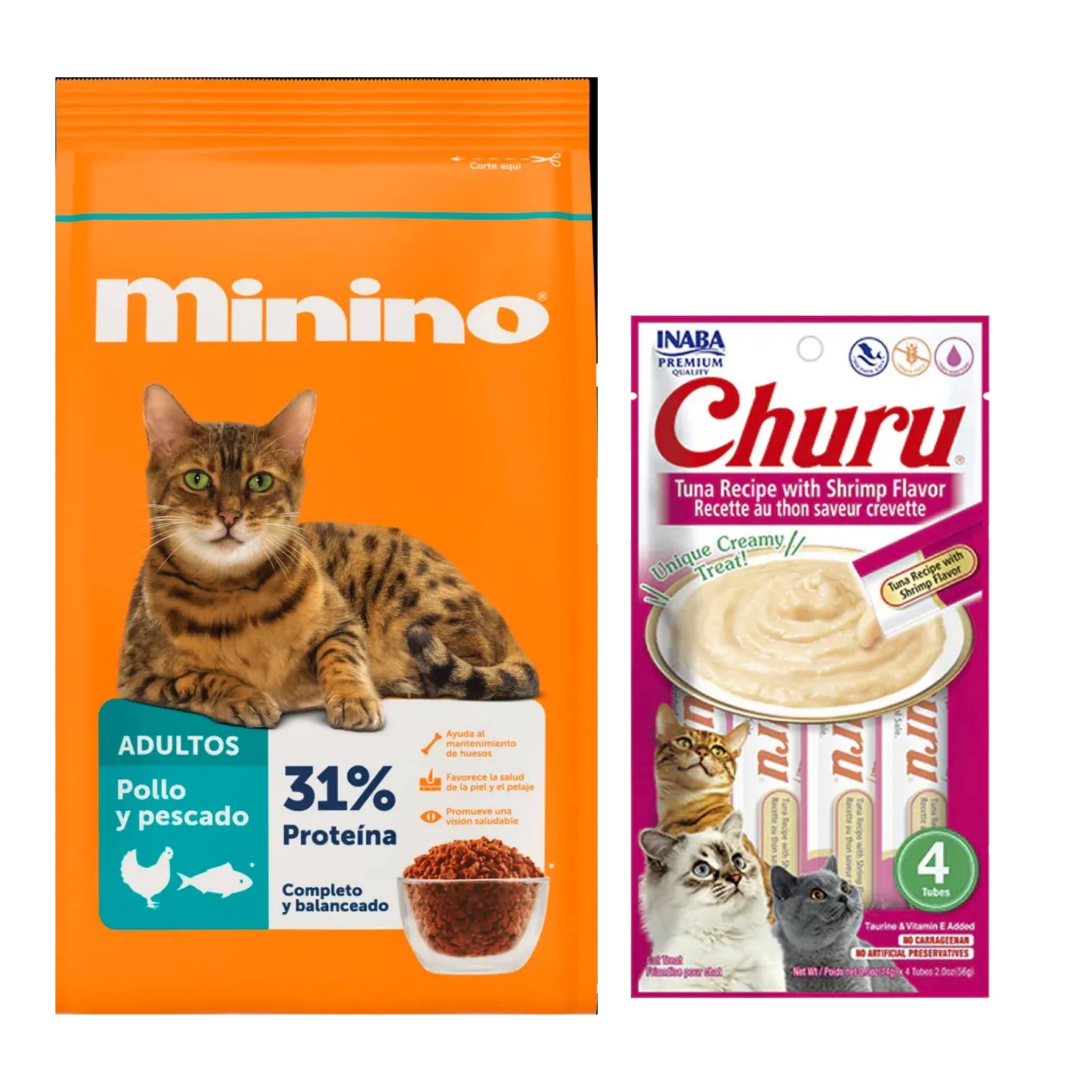 Minino 15 Kg + Churu Atún con Camaron Sobre con 4 Tubos | Walmart en línea