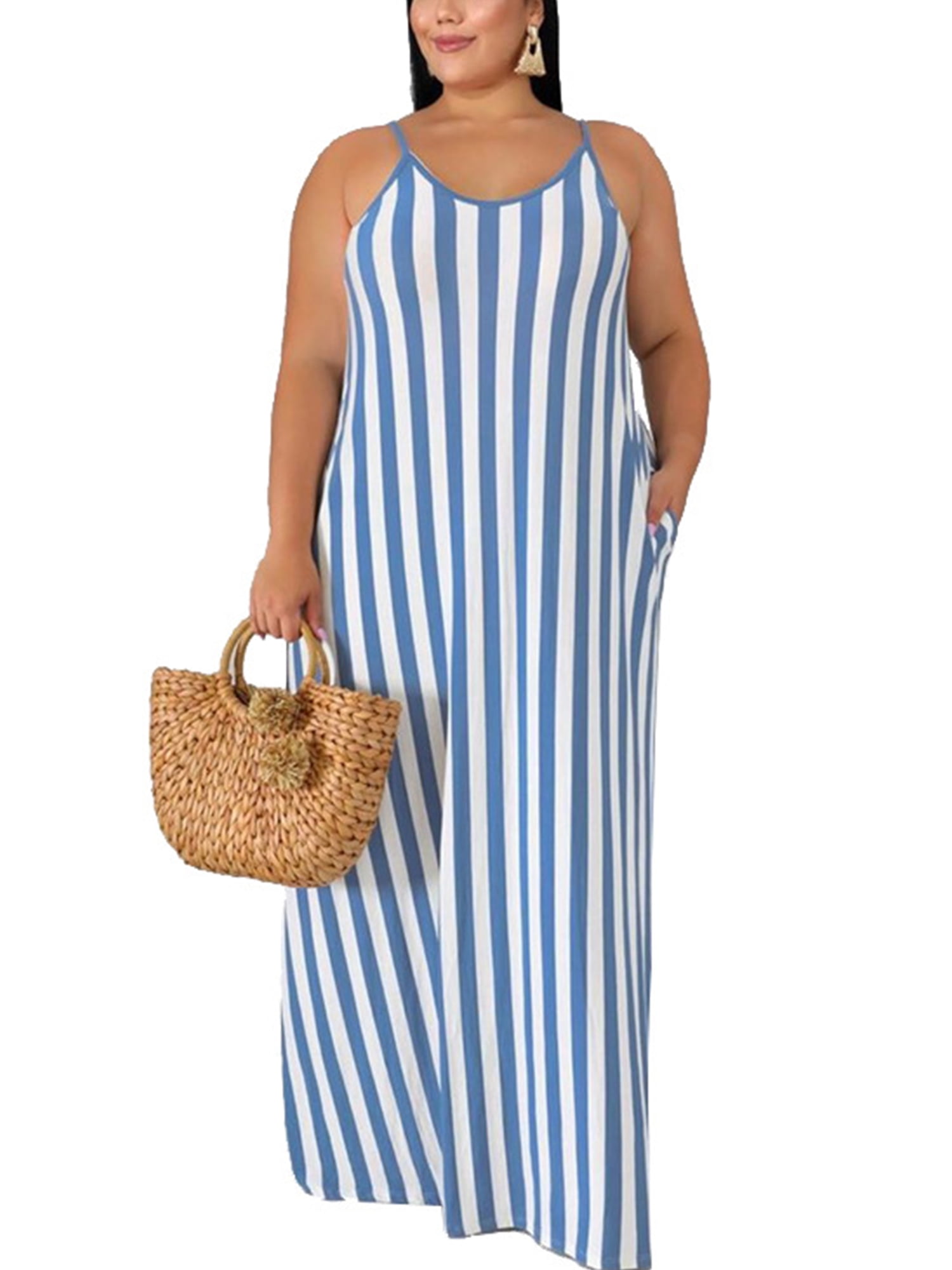 Himone Plus Size Womens Striped Boho Sundress Spaghetti Strap Party