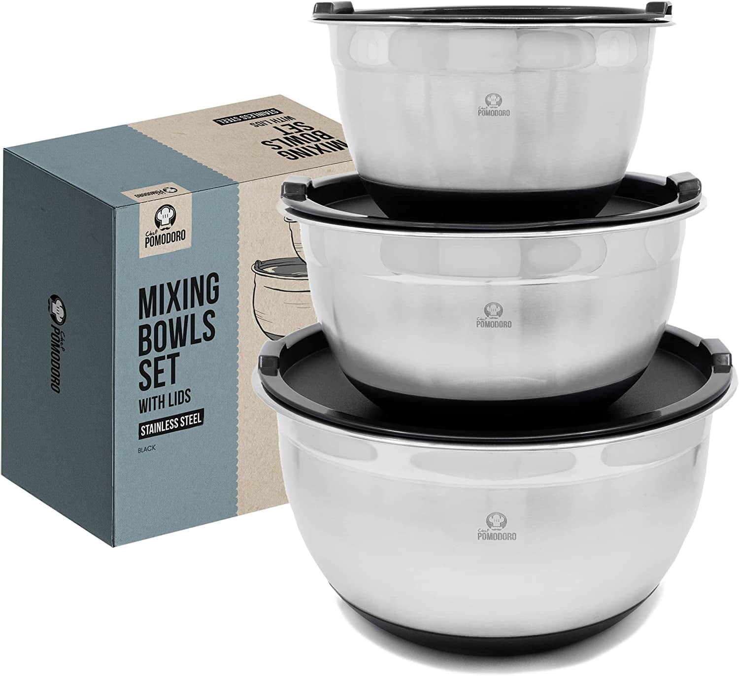 Chef Pomodoro Mixing Bowls with Lids Stainless Steel Bowl Set Non-Slip ...
