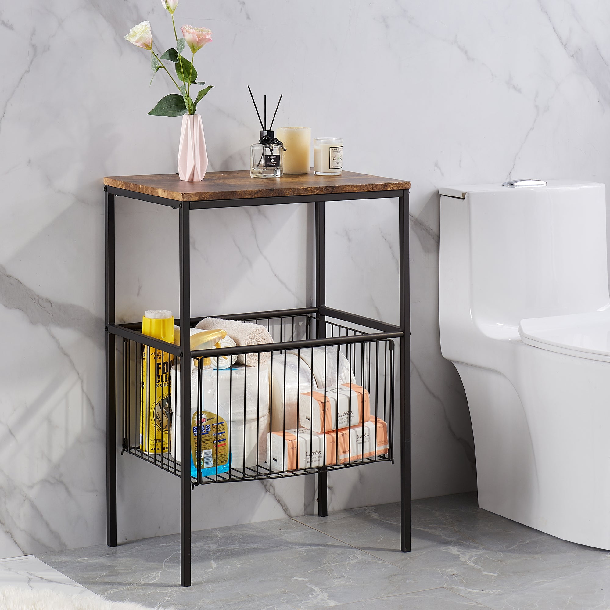 VECELO Industrial Side End Table with Storage Mesh Shelf for Office ...