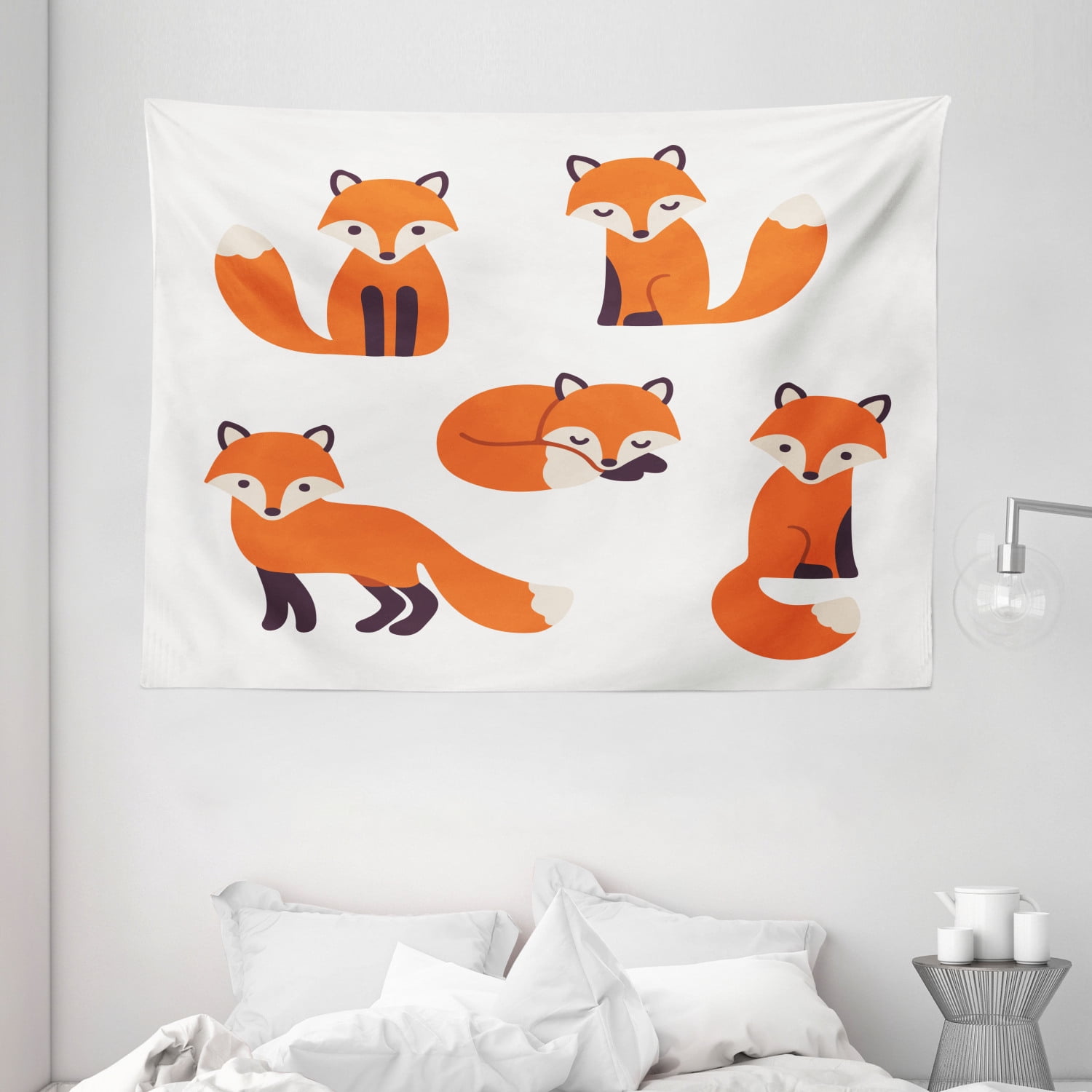 Fox Tapestry, Cartoon Foxes in Modern Style Sitting and Sleeping on ...