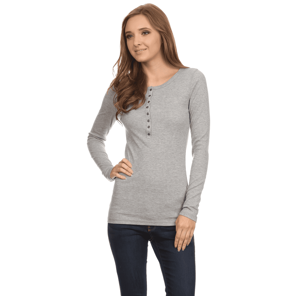 Simlu Henleys For Women Knit Henley Top Crew Neck Ribbed Women Long